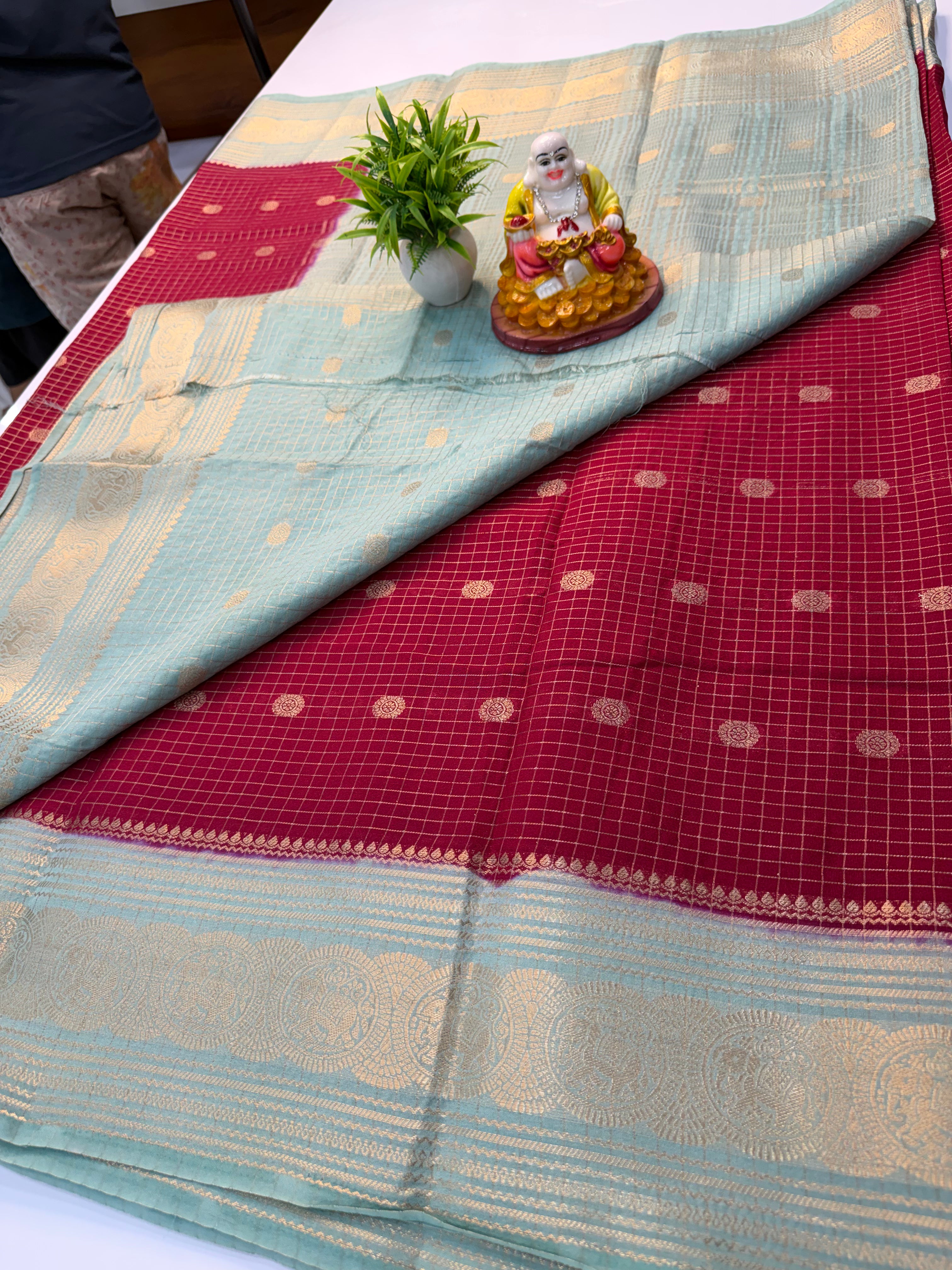 Mysore Crepe Silk Saree with Checks, Buttas & Rich Elephant Border ...